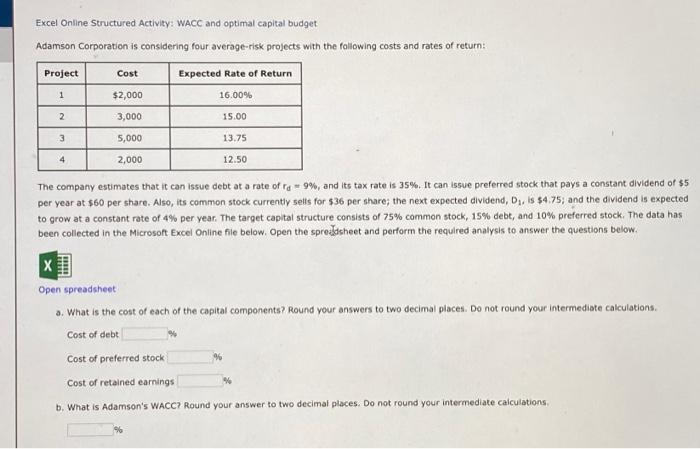 Solved Excel Online Structured Activity: WACC and optimal | Chegg.com