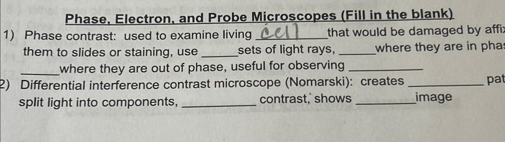 Solved Phase, Electron, and Probe Microscopes (Fill in the | Chegg.com