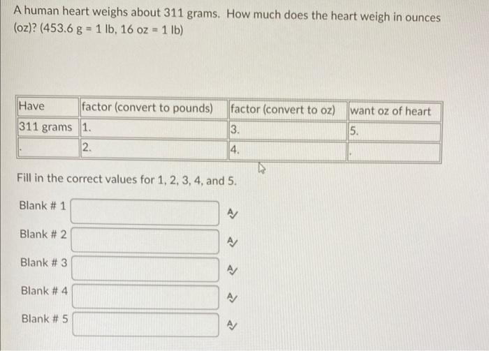 Solved A human heart weighs about 311 grams. How much does | Chegg.com