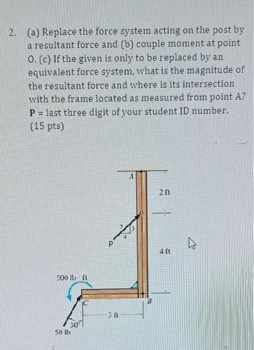 Solved 2. (a) Replace the force system acting on the post by | Chegg.com