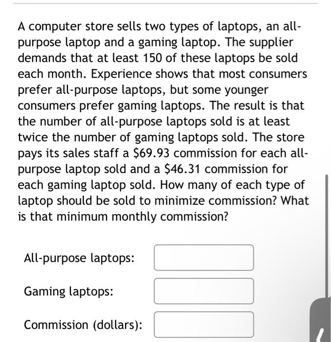 Solved A computer store sells two types of laptops, an | Chegg.com