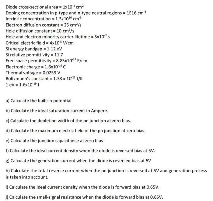 Solved Diode cross-sectional area =1×10−4 cm2 Doping | Chegg.com