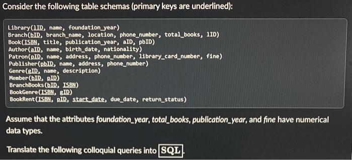Solved Consider the following table schemas (primary keys | Chegg.com