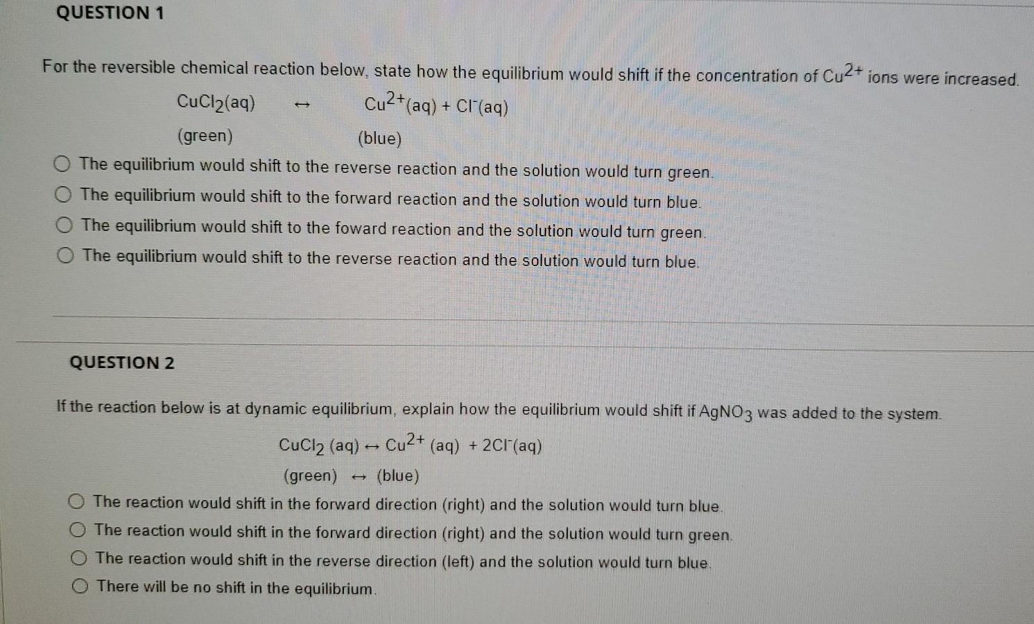 Solved QUESTION 1 Cu2+(aq) For the reversible chemical | Chegg.com