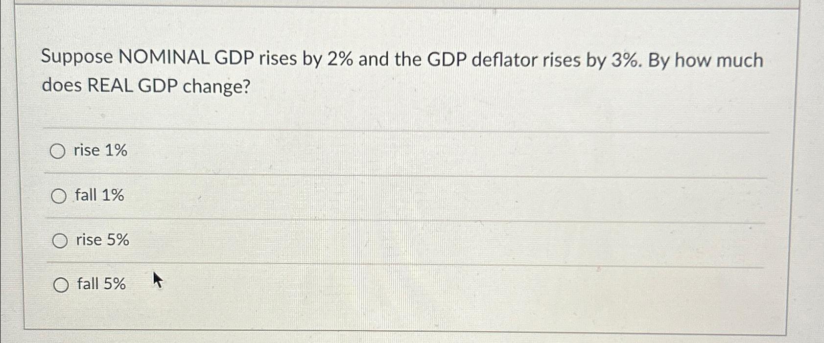 Solved Suppose NOMINAL GDP rises by 2% ﻿and the GDP deflator | Chegg.com