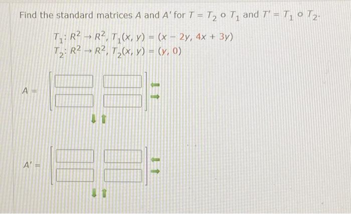 Solved Find the standard matrices A and A′ for T=T2∘T1 and | Chegg.com