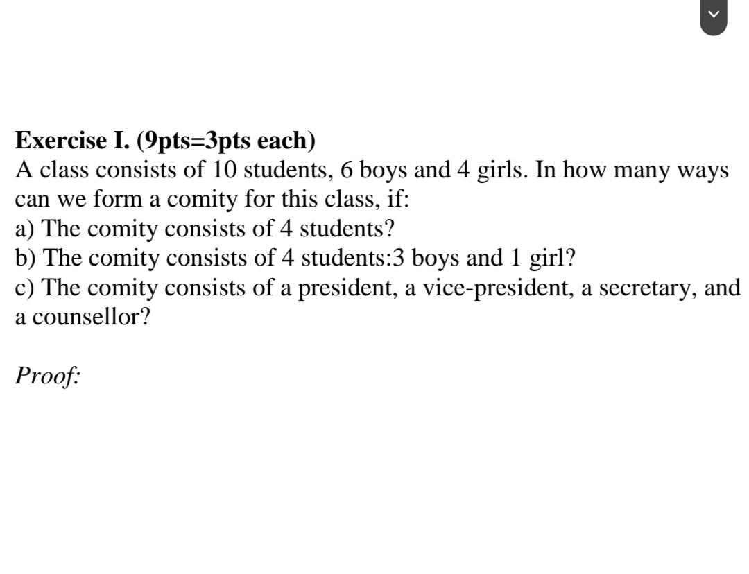 Solved Exercise I. (9pts=3pts each) A class consists of 10 | Chegg.com