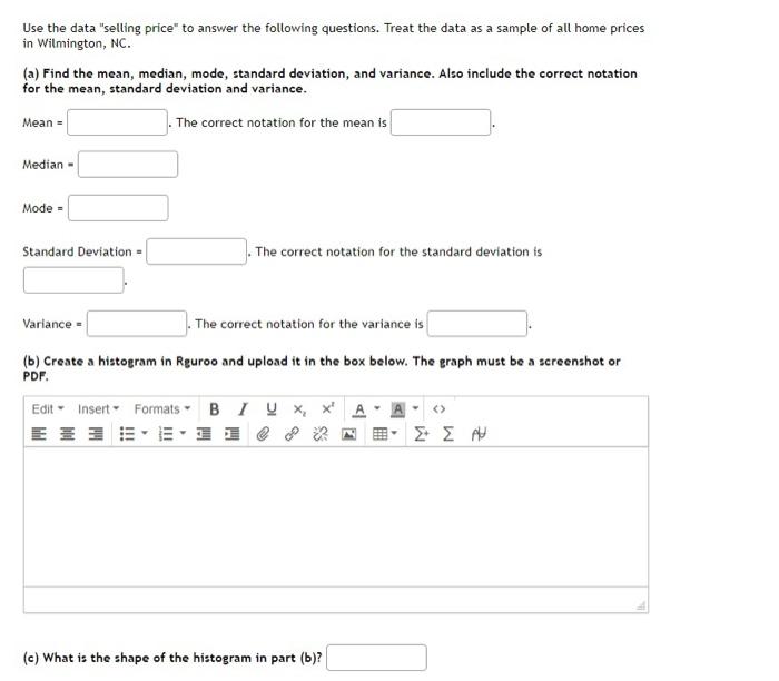 Use the data "selling price to answer the following | Chegg.com