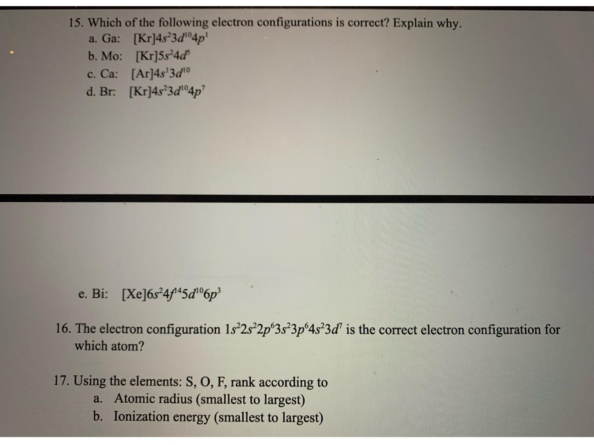 Solved Which Of The Following Electron Configurations Is