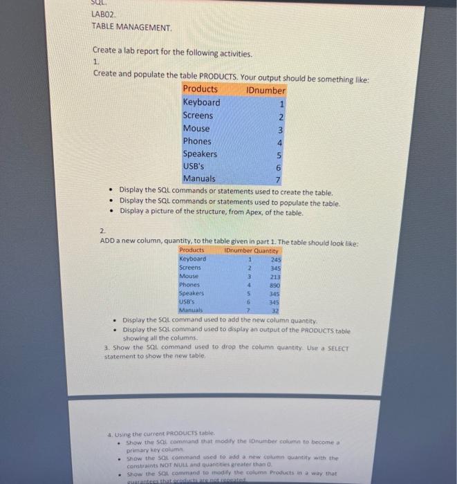 Solved LABO2. TABLE MANAGEMENT. Create a lab report for the | Chegg.com