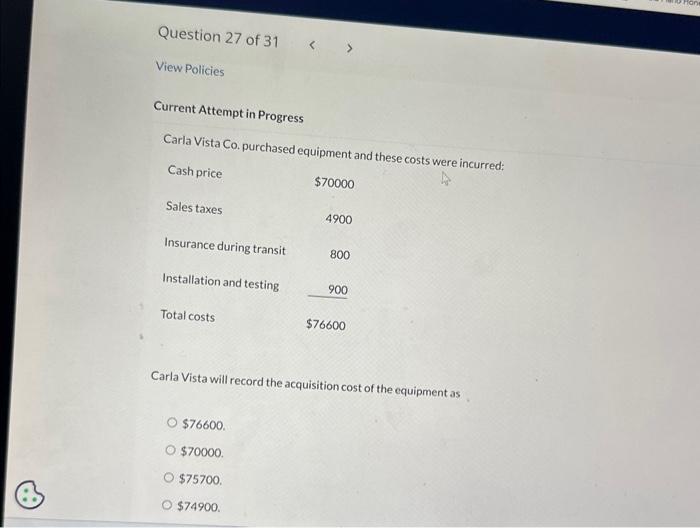 Solved Current Attempt in Progress Carla Vista Co, purchased | Chegg.com