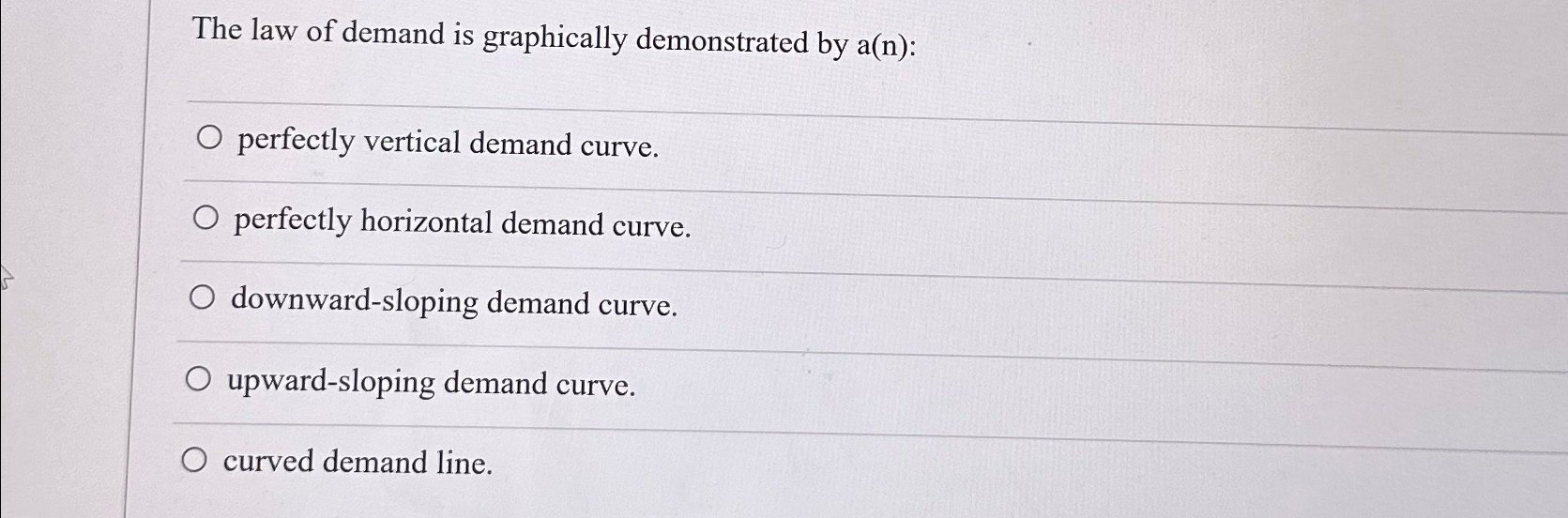 Solved The law of demand is graphically demonstrated by a(n) | Chegg.com