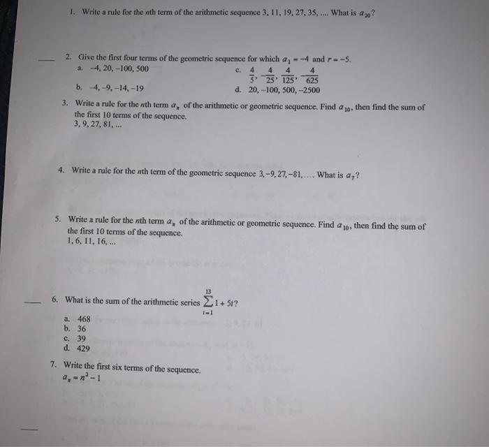 Solved 1. Write a rule for the nth term of the arithmetic | Chegg.com