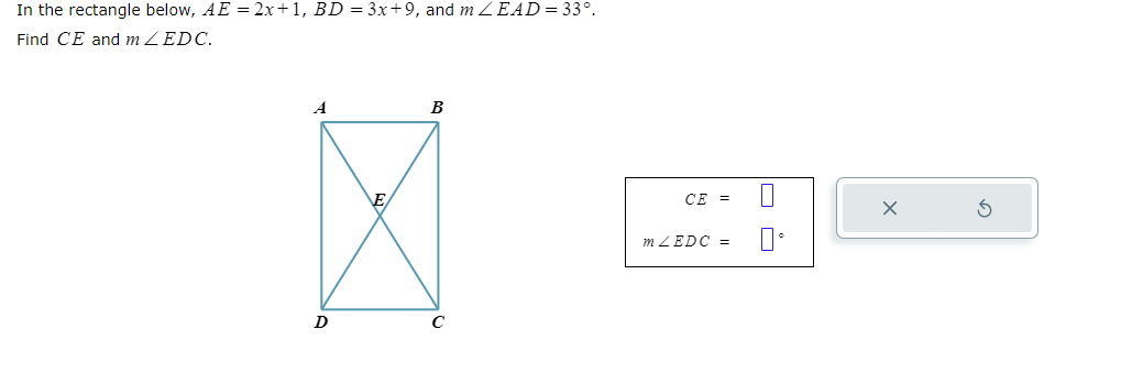 Solved In the rectangle below, AE=2x+1,BD=3x+9, ﻿and | Chegg.com