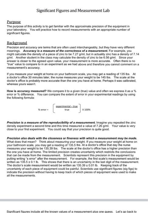 Significant Figures and Measurement Lab Purpose The | Chegg.com