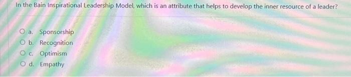 Solved In the Bain Inspirational Leadership Model, which is | Chegg.com