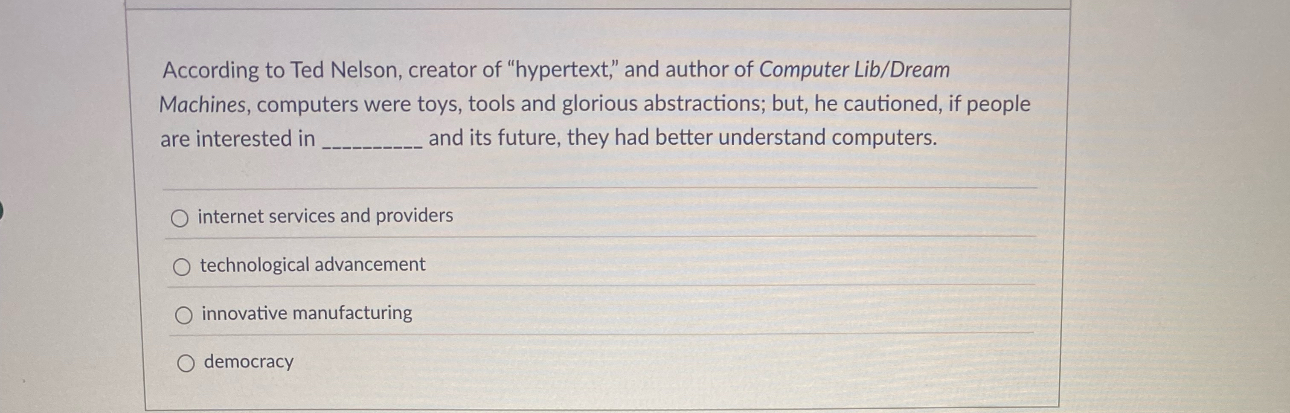 Solved According to Ted Nelson, creator of "hypertext," and | Chegg.com