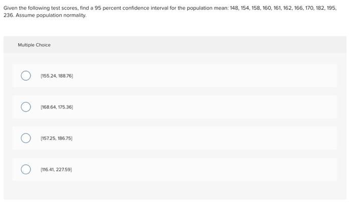 Solved Given the following test scores, find a 95 percent | Chegg.com