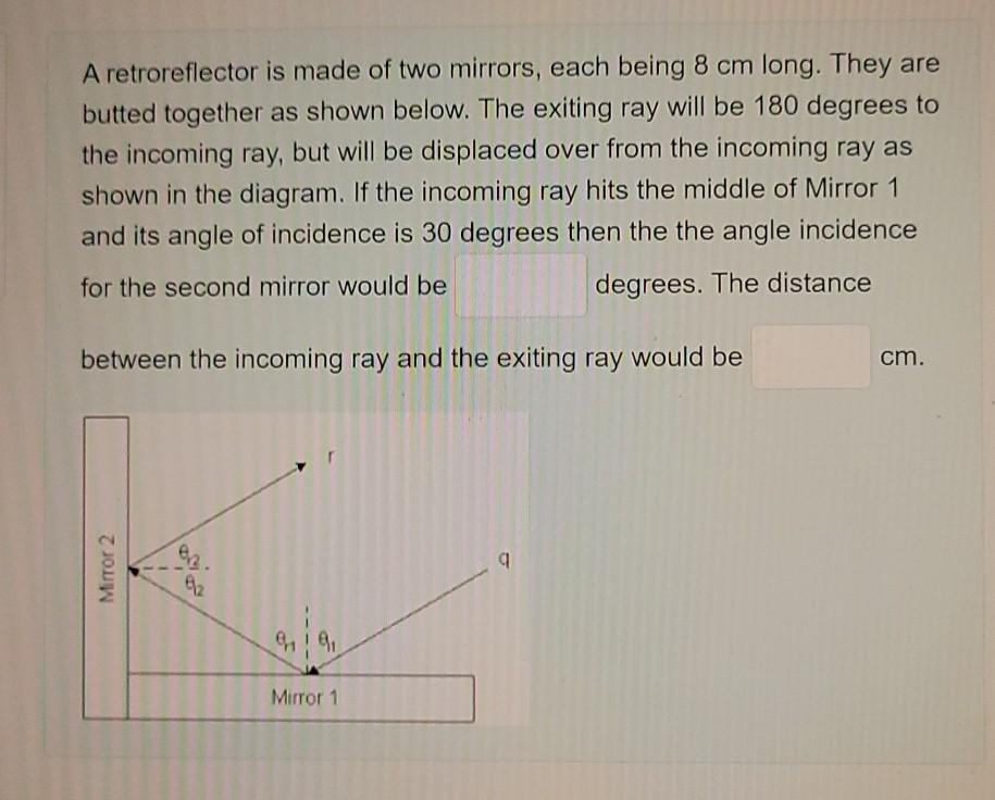 Solved A retroreflector is made of two mirrors, each being 8 | Chegg.com