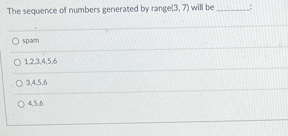 Solved The sequence of numbers generated by range (3,7) | Chegg.com