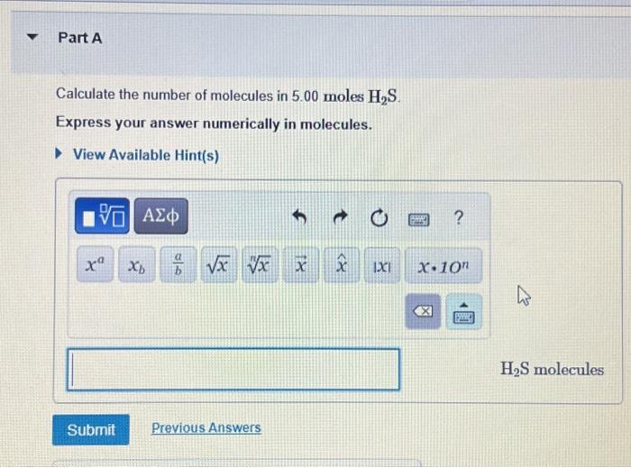 Solved Part A Calculate the number of molecules in 5.00 | Chegg.com