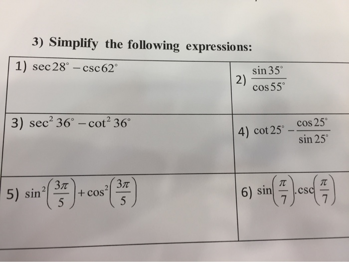Solved 3) Simplify the following expressions: 1) sec 28° – | Chegg.com