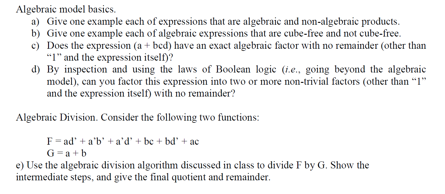 Solved Algebraic model basics.a) ﻿Give one example each of | Chegg.com