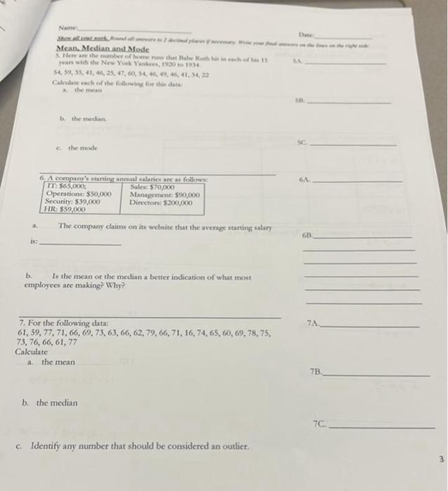 Solved Date: Name: Shew all reur mark. Round all answers to | Chegg.com
