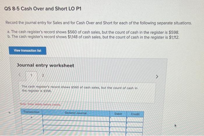 Solved QS 8-5 Cash Over and Short LO P1 Record the journal | Chegg.com