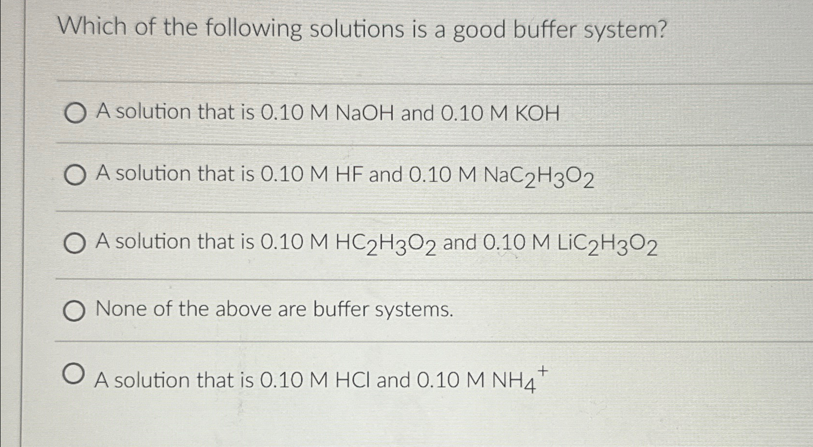 Solved Which of the following solutions is a good buffer | Chegg.com