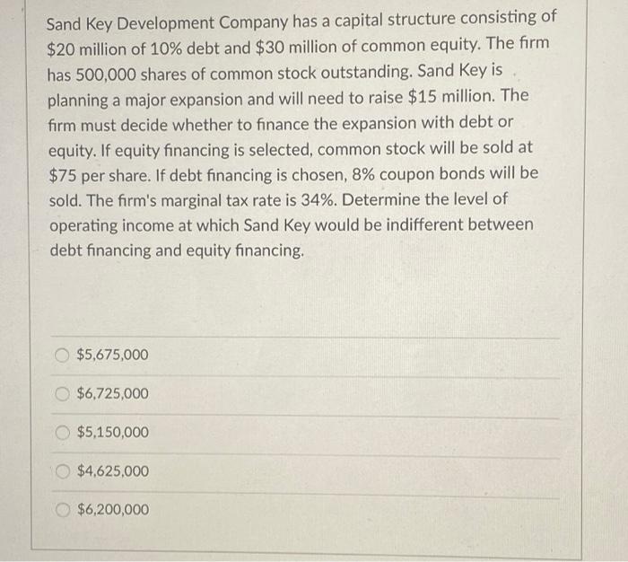 Solved Sand Key Development Company has a capital structure | Chegg.com