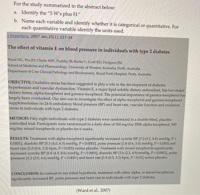 Solved For the study summarized in the abstract below: a. | Chegg.com