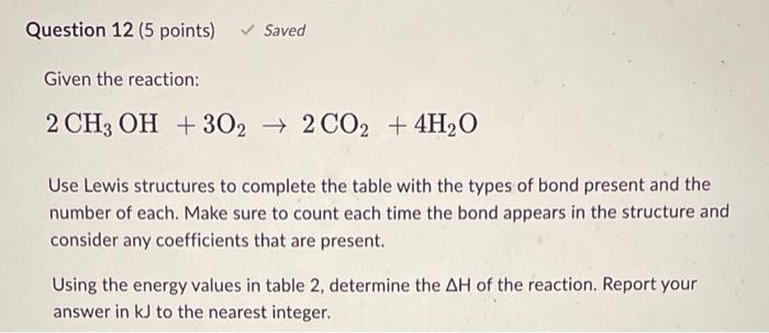 Solved Given the reaction: 2CH3OH+3O2→2CO2+4H2O Use Lewis | Chegg.com