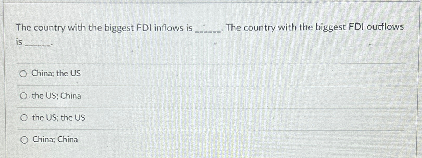 Solved The country with the biggest FDI inflows is The | Chegg.com