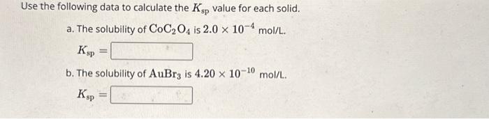 Solved Use the following data to calculate the Ksp value for | Chegg.com