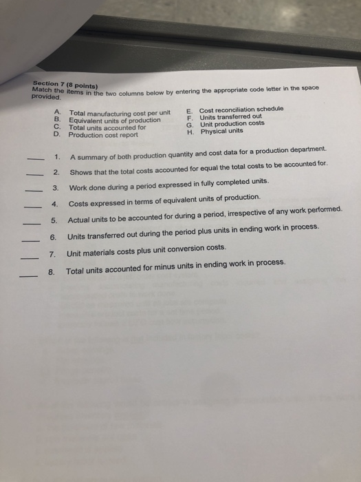 Solved Section 7 (8 points) Match the items in the two | Chegg.com