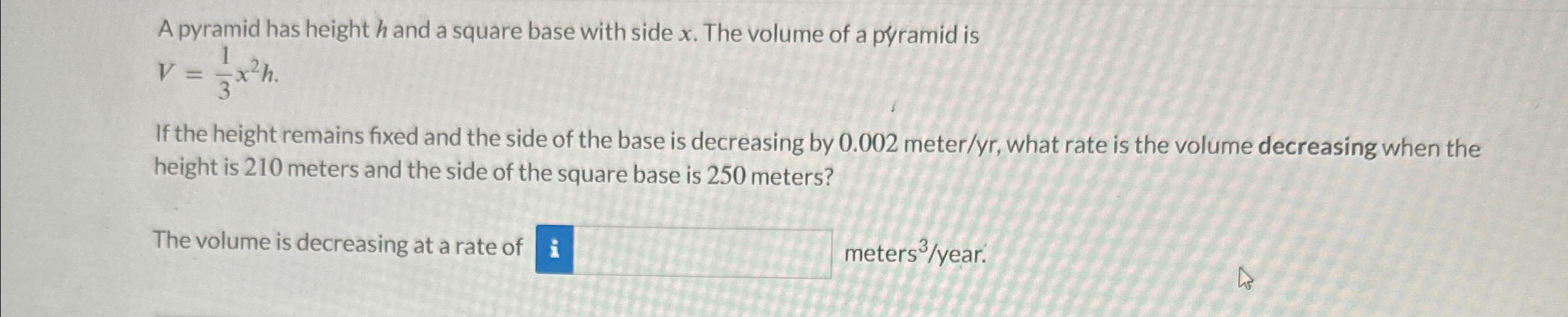 Solved A pyramid has height h ﻿and a square base with side | Chegg.com