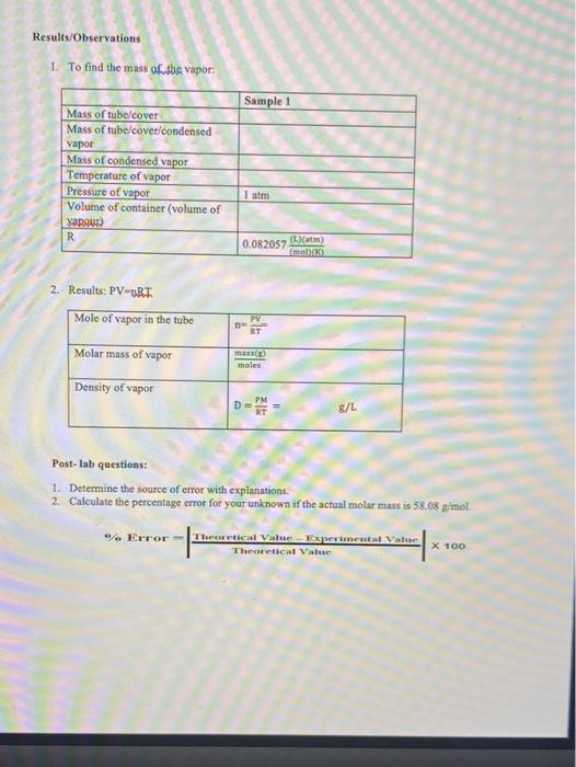 Solved Gas Law: Molar Mass of a Volatile Liquid Last picture | Chegg.com
