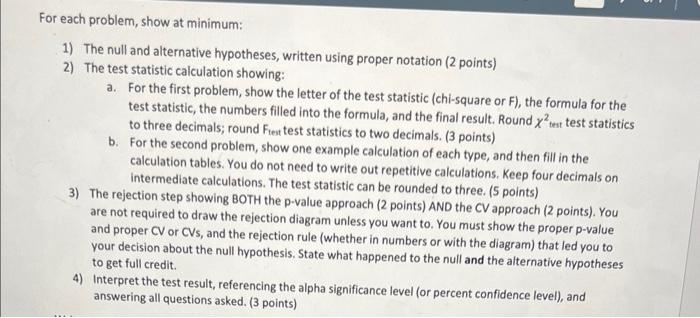 Solved For each problem, show at minimum: 1) The null and | Chegg.com
