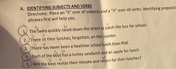 A. IDENTIFYING SUBJECTS AND VERBS Directions: Place | Chegg.com