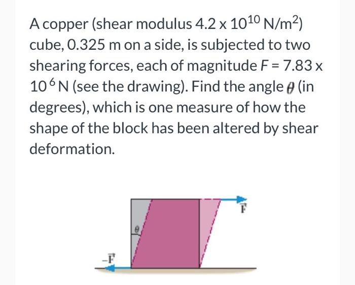 Solved A copper (shear modulus 4.2 x 1010 N/m2) cube, 0.325 | Chegg.com