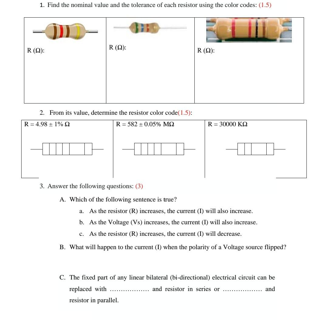 Solved 1. Find the nominal value and the tolerance of each | Chegg.com