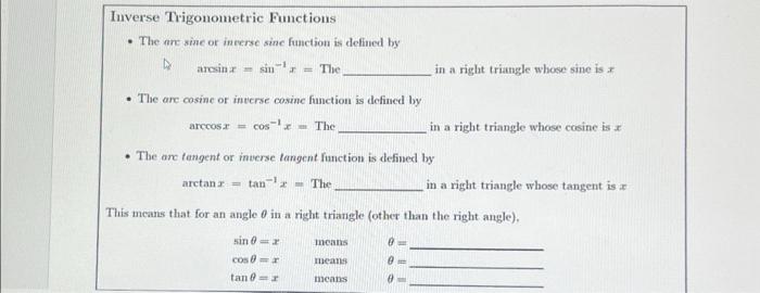 Solved Inverse Trigonometric Functions The are sine or | Chegg.com
