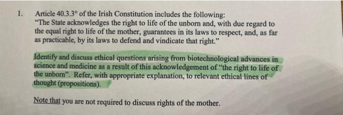 Solved 1. Article 40.3.3∘ of the Irish Constitution includes | Chegg.com