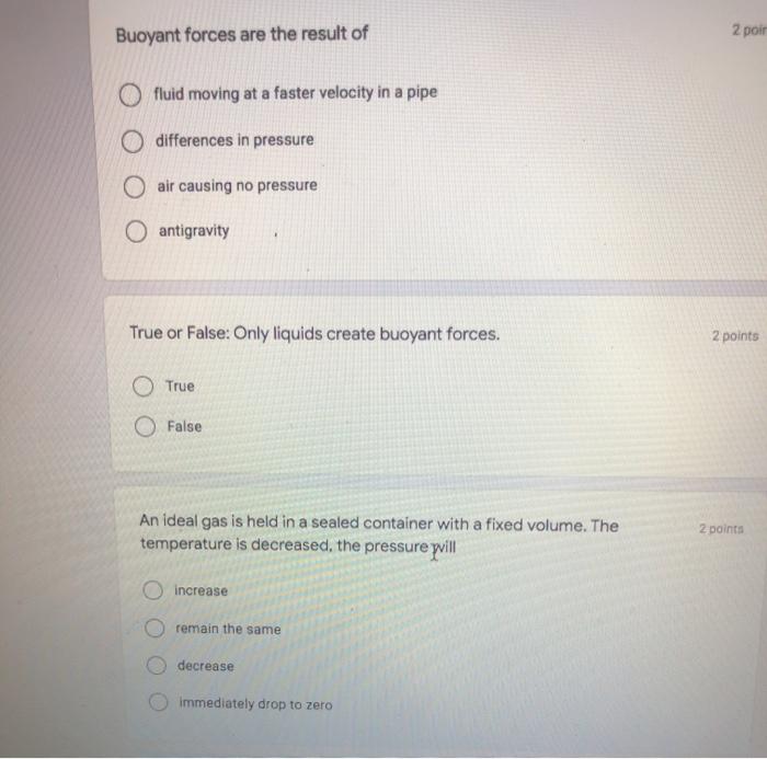 Solved Buoyant forces are the result of 2 poir O fluid | Chegg.com