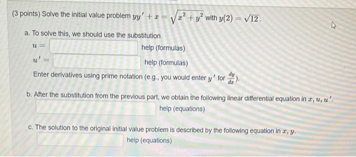 Solved points) Solve the initial value problem yy′+x=x2+y2 | Chegg.com