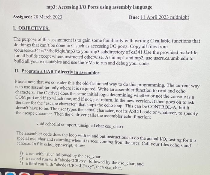 mp3: Accessing I/O Ports using assembly language | Chegg.com