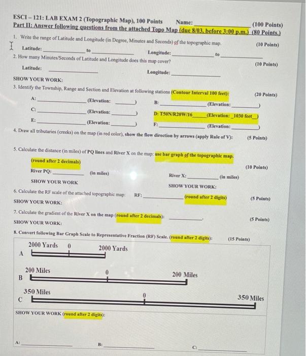 to ESCI-121: LAB EXAM 2 (Topographic Map), 100 Points | Chegg.com