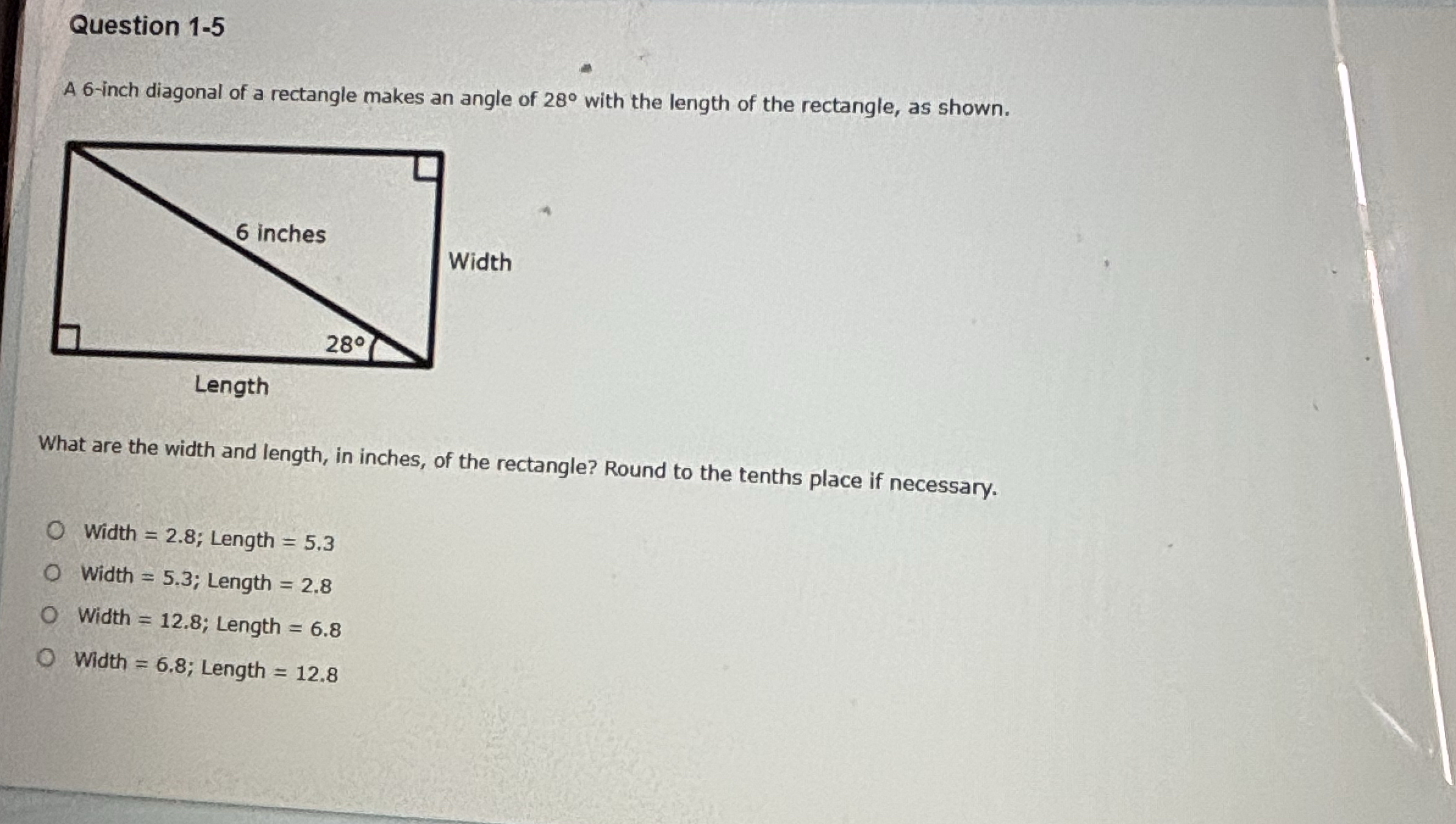 Solved Question 1-5A 6 -inch diagonal of a rectangle makes | Chegg.com