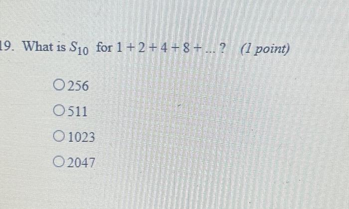 Solved 9. What is S10 for 1+2+4+8+… ? (1 point) 256 511 1023 | Chegg.com
